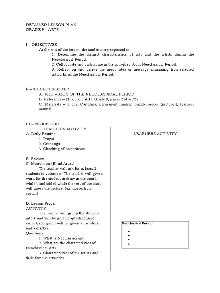Lesson Plan in MAPEH GRADE 9 (ARTS) | PDF | Paintings | Arts (General)