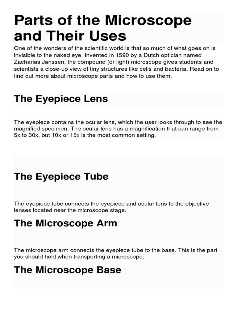 Parts of The Microscope and Their Uses (Compilation From Diff. Site ...