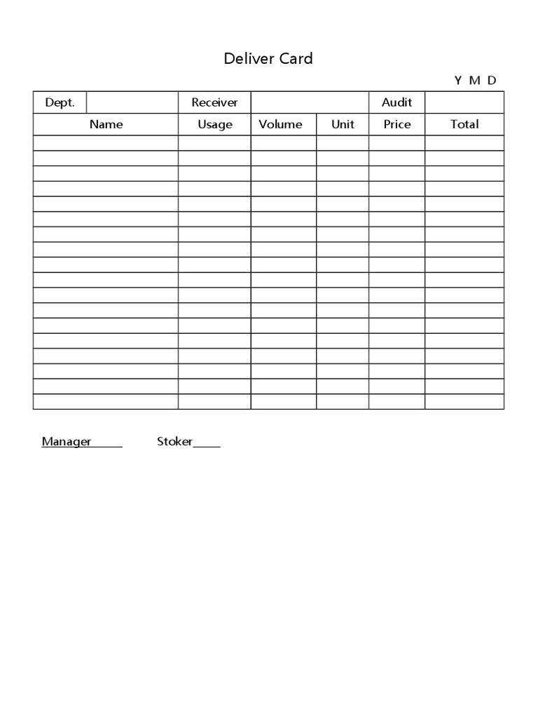 Deliver Card: Y M D Dept. Receiver Audit Name Usage Unit Price Total ...