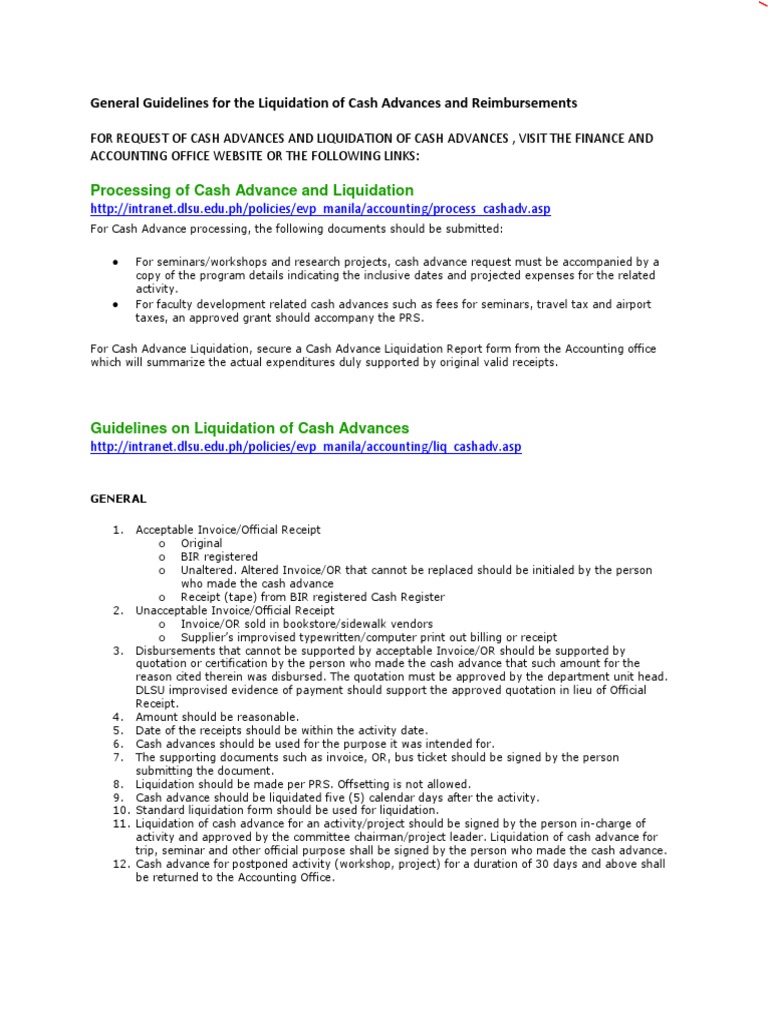 Processing of Cash Advance and Liquidation | Receipt | Invoice