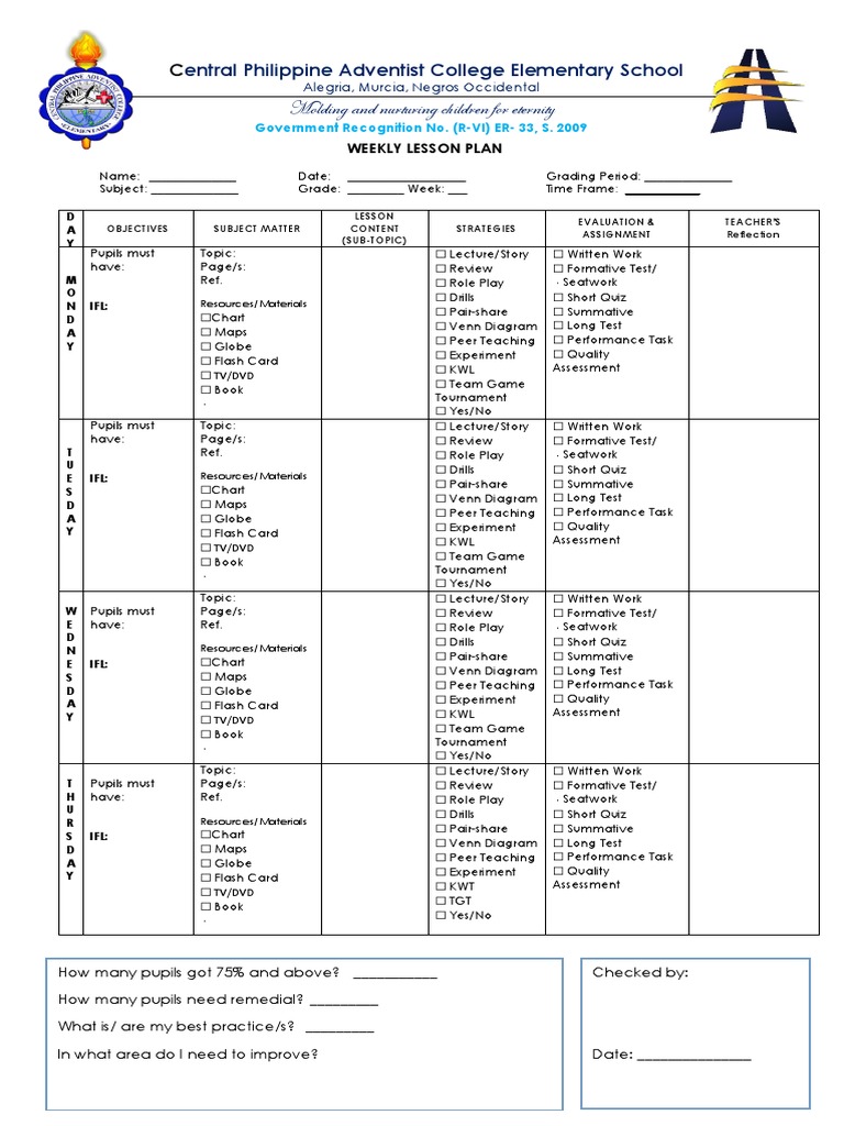 Weekly Plan With Reflections | PDF | Lesson Plan | Education Theory