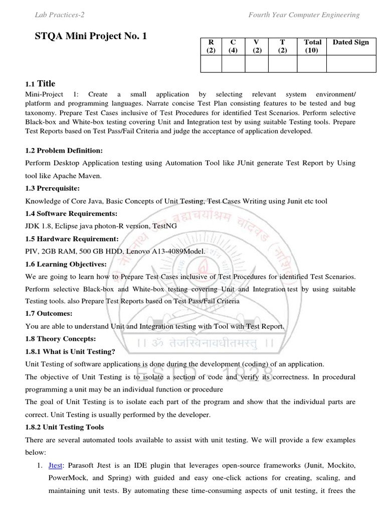 Stqa Mini Project 1 Pdf Software Testing Unit Testing