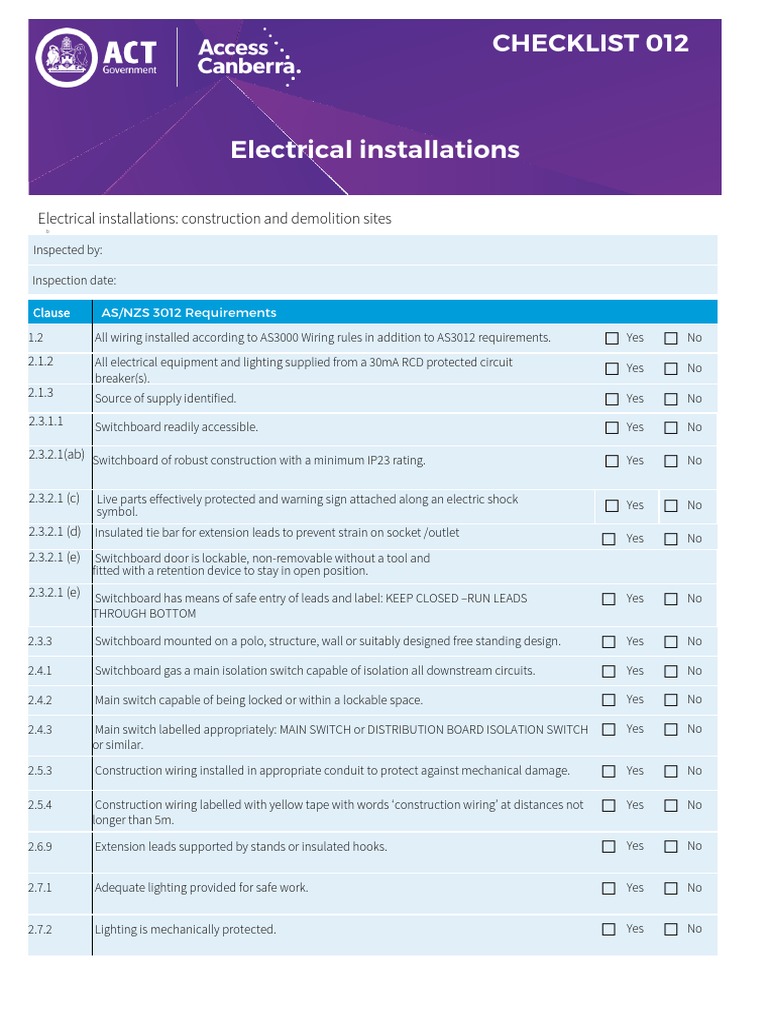 AS3000 Checklist | PDF | Electrical Wiring | Switch