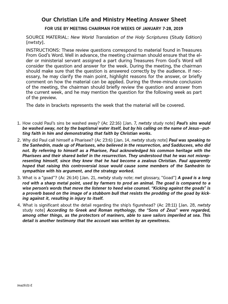 Our Christian Life and Ministry Meeting Answer Sheet: Lma19.01-E | PDF ...