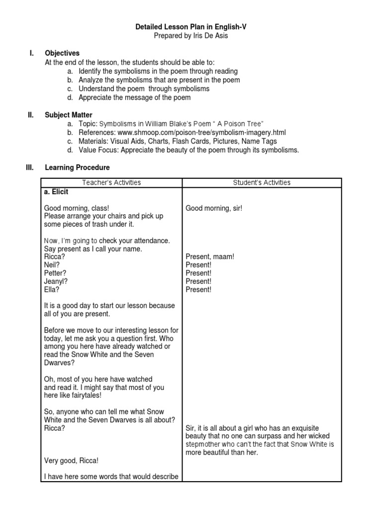 7 Es Detailed Lesson Plan - Iris | PDF | Snow White