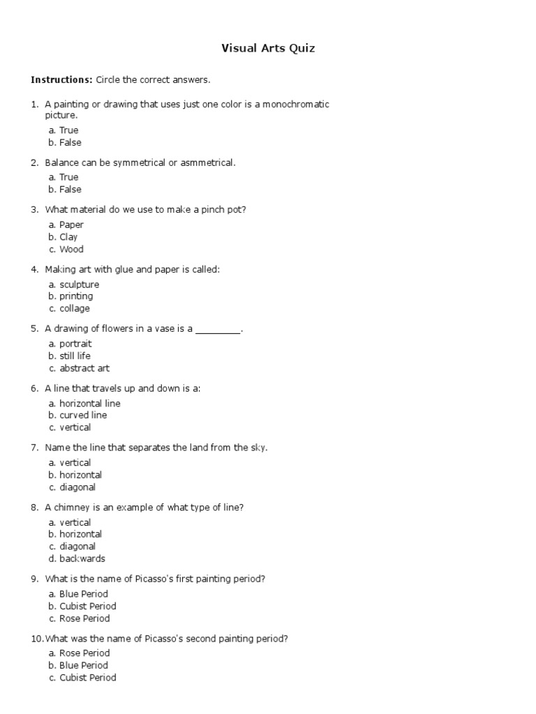 Grade 1 Visual Arts Quiz | PDF | Art