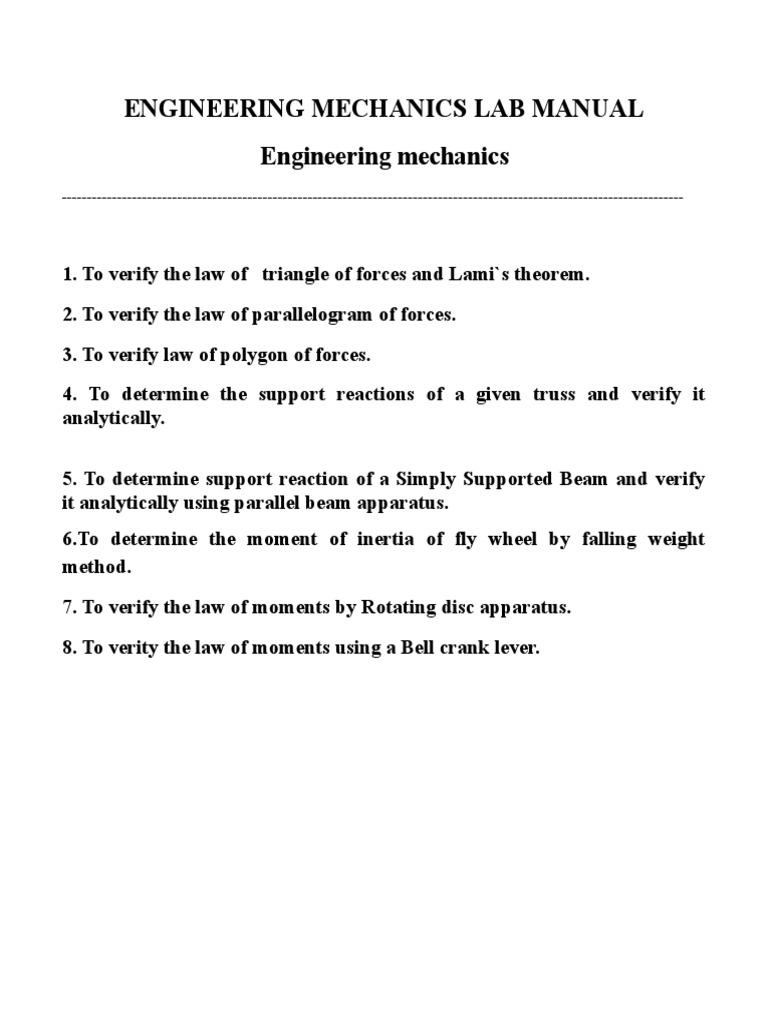 Lab Manual Engineering Mechanics | PDF | Truss | Lever