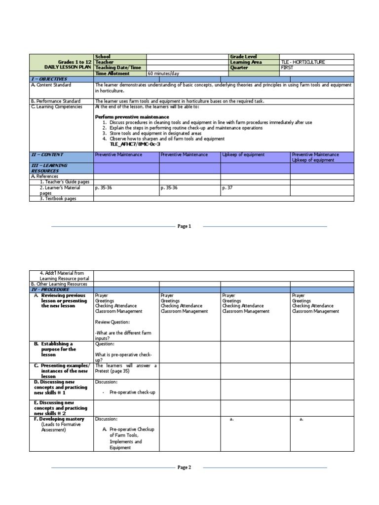 Grades 1 To 12 Daily Lesson Plan School Grade Level Teacher Learning ...