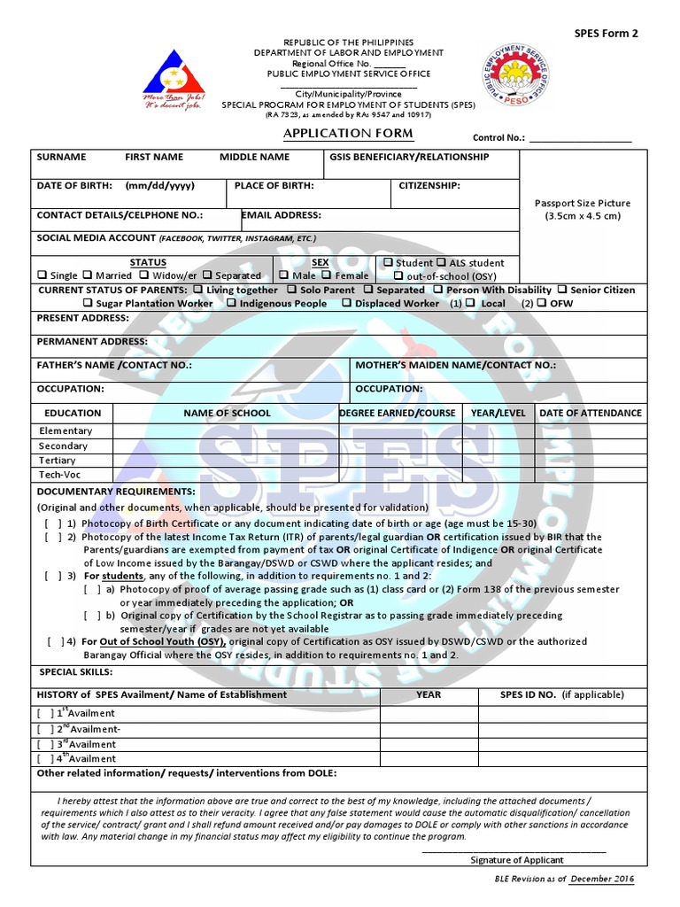 Spes Form 2 - Application Form - Dec2016.final | PDF | Unemployment ...