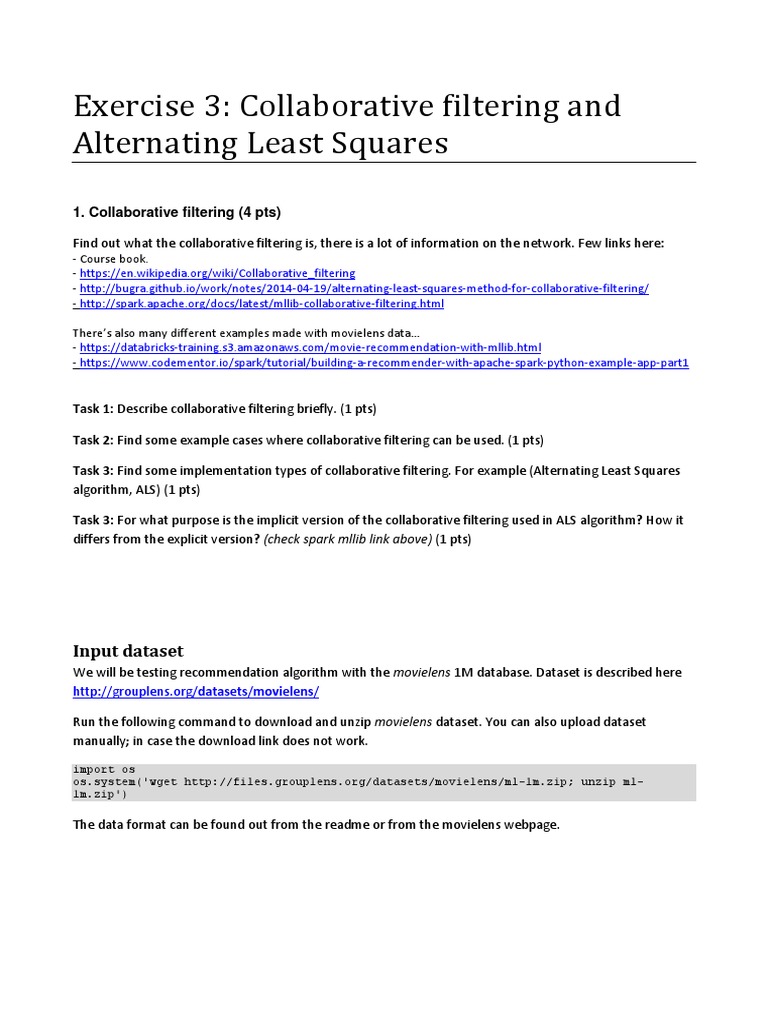 Exercise 3: Collaborative Filtering and Alternating Least Squares | PDF ...