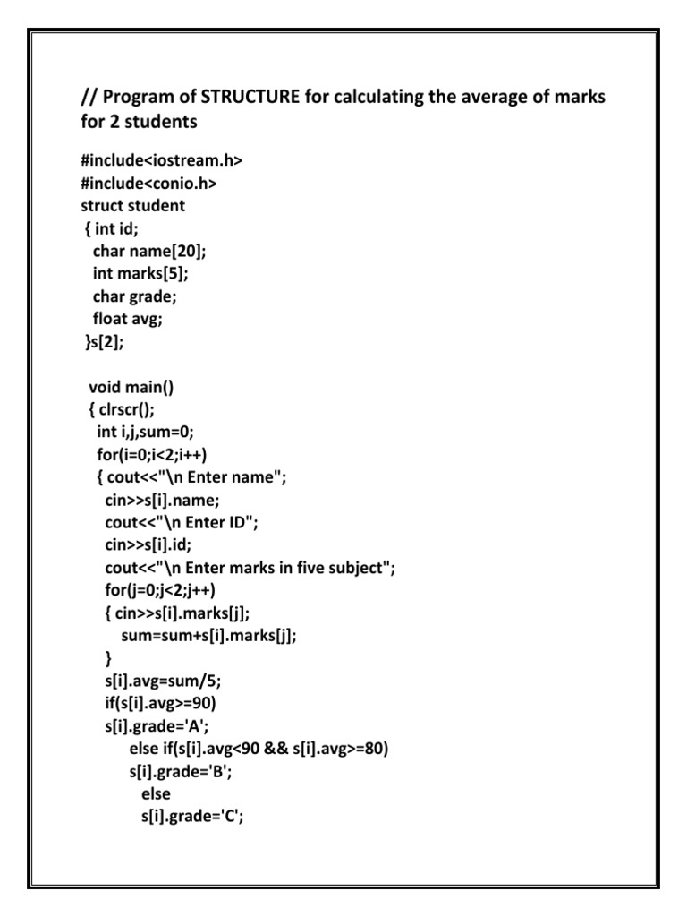 Program of STRUCTURE For Calculating The Average of Marks For 2 Students | PDF | Object Oriented ...
