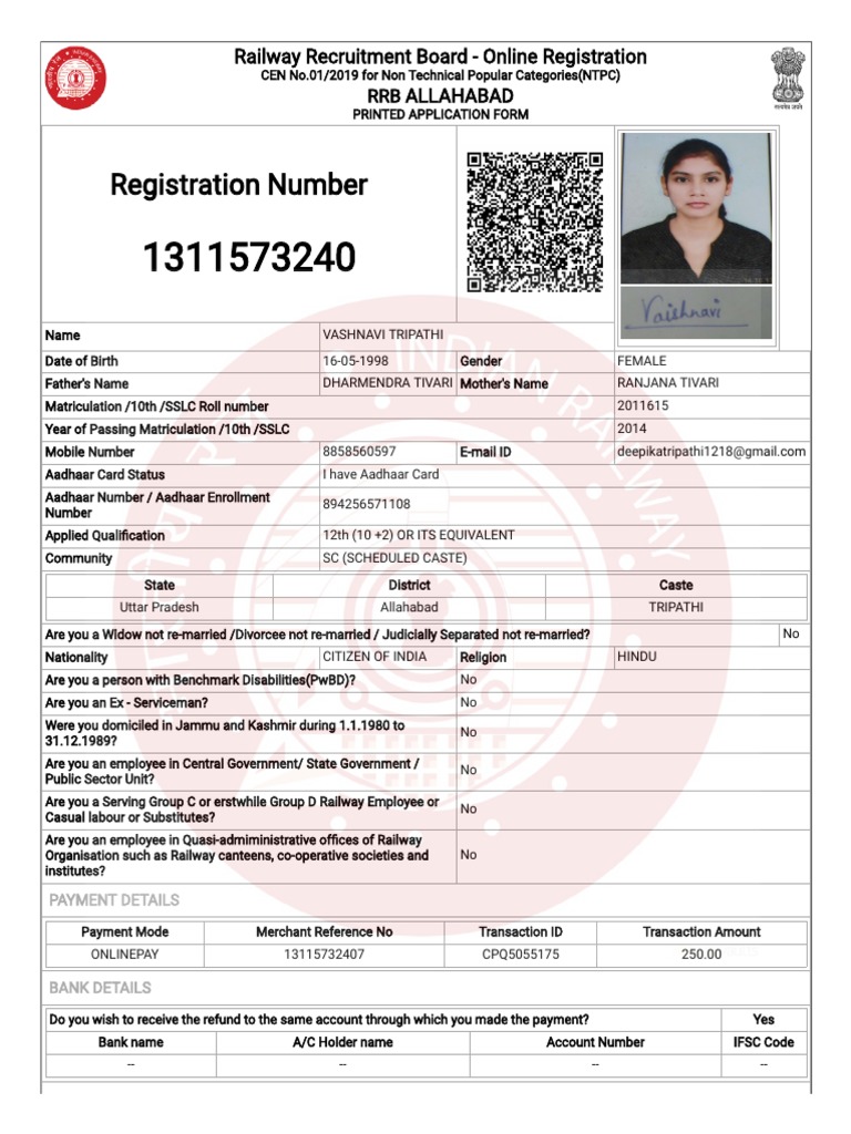 Registration Number: Railway Recruitment Board - Online Registration ...