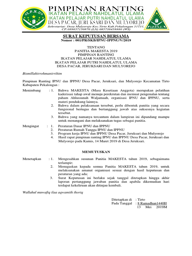 Contoh Surat Keputusan Ipnu Ippnu | PDF