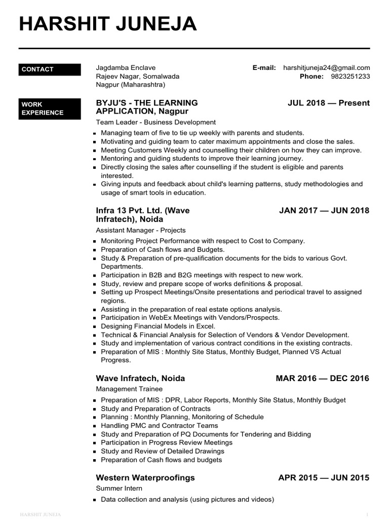 Juneja Harshit CV | PDF | Construction Management | Engineering