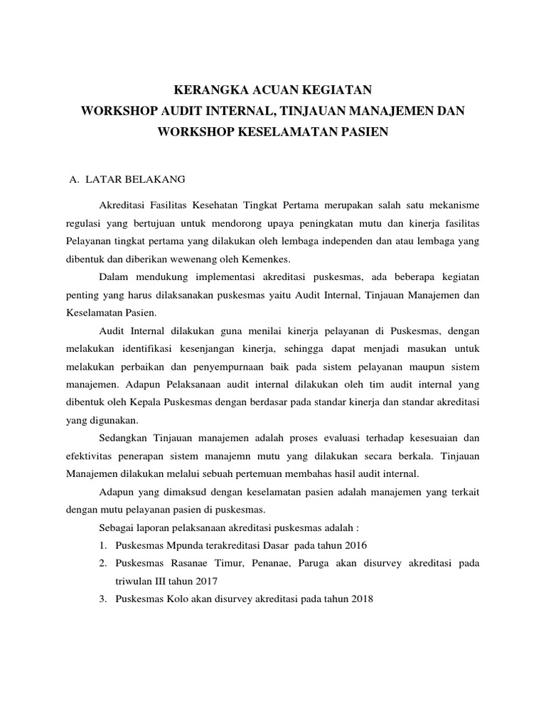 Kerangka Acuan Kegiatan Workshop Audit Internal | PDF