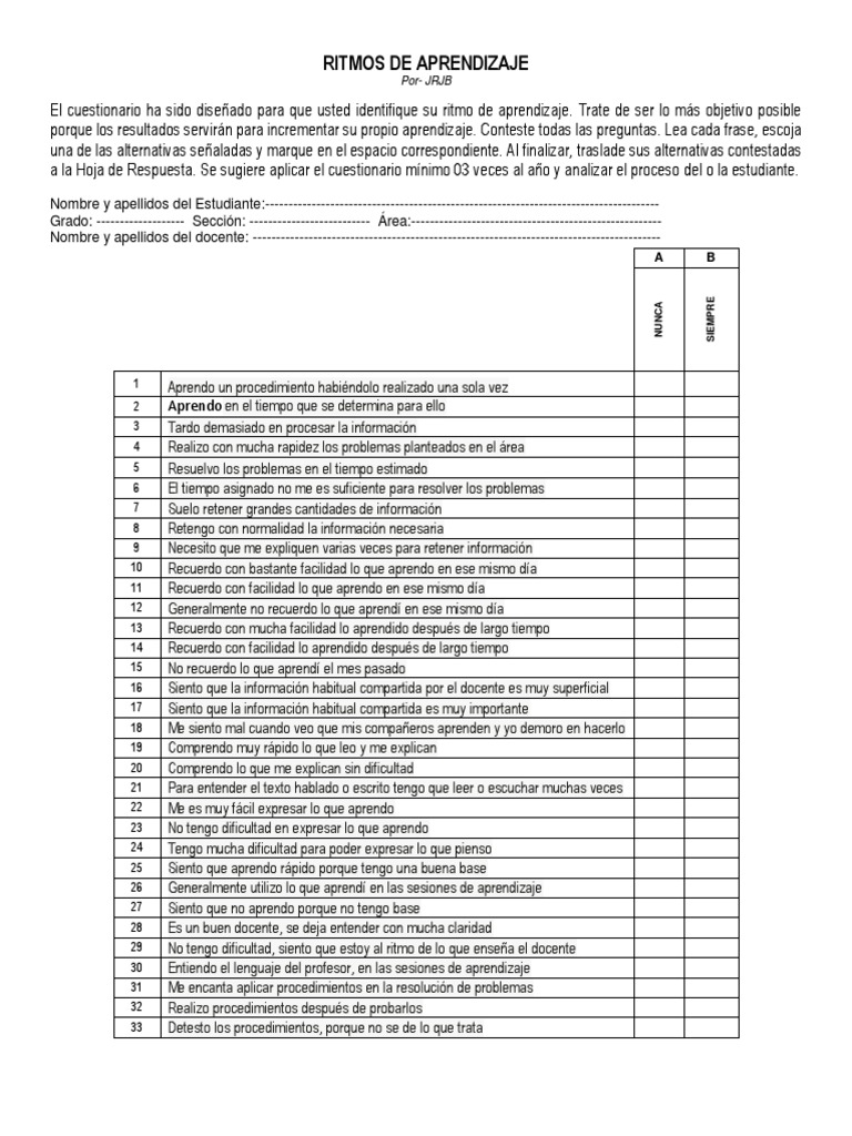Ritmos de Aprendizaje | Descargar gratis PDF | Cuestionario | Aprendizaje