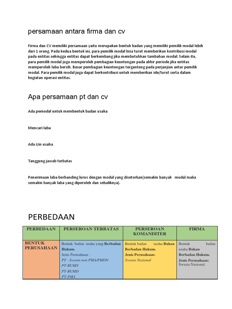 Persamaan Antara Firma Dan CV | PDF