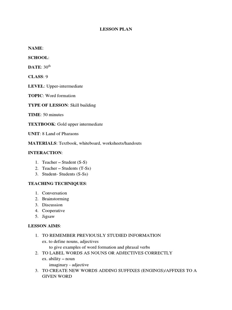 Lesson Plan - Word Formation | PDF | Adjective | Lesson Plan