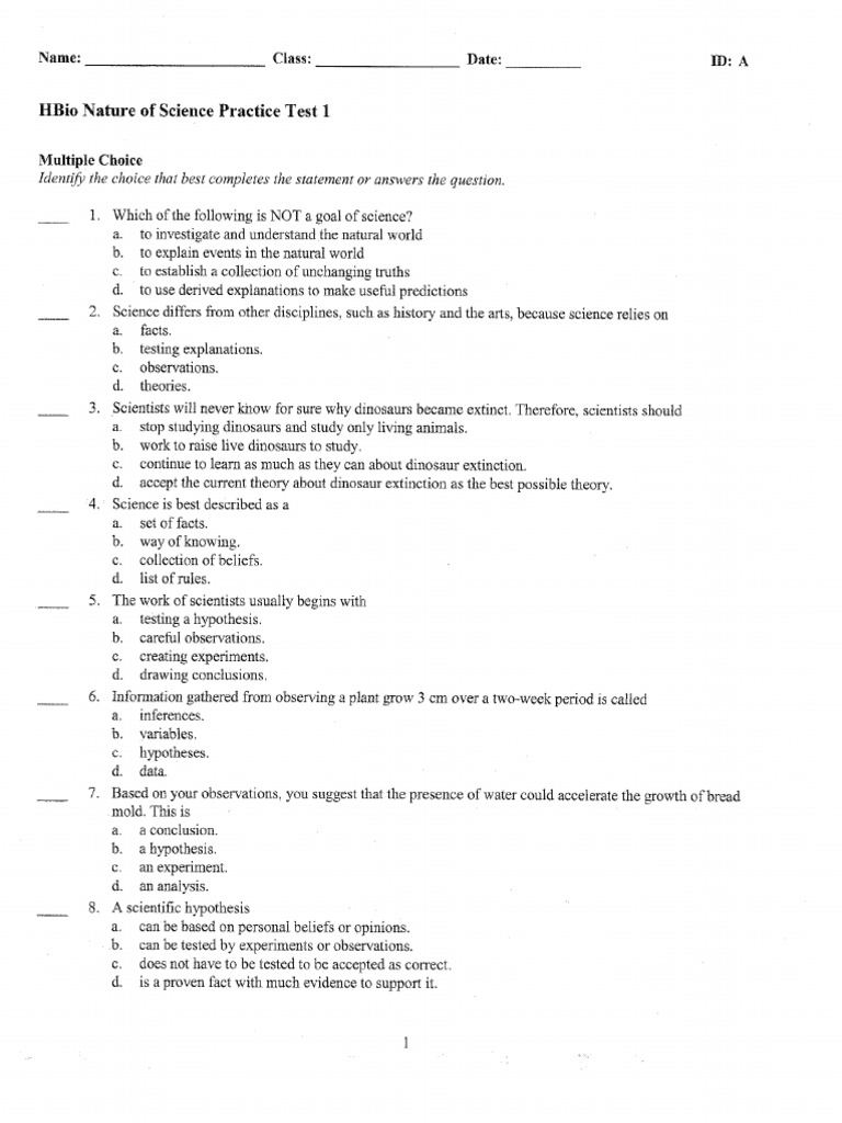 HBio Nature of Science Practice Test 1 | PDF