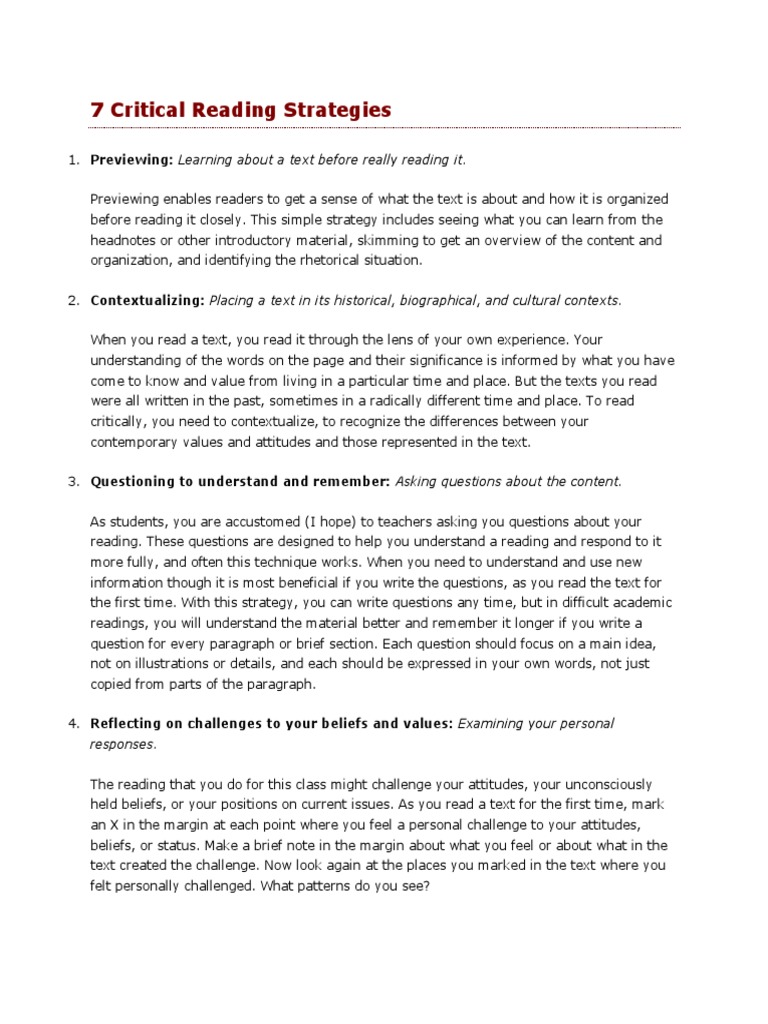 7 Critical Reading Strategies | PDF | Argument | Narration