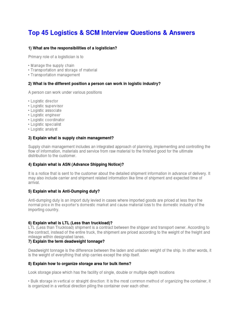 Top 45 Logistics & SCM Interview Questions & Answers | PDF | Cargo ...