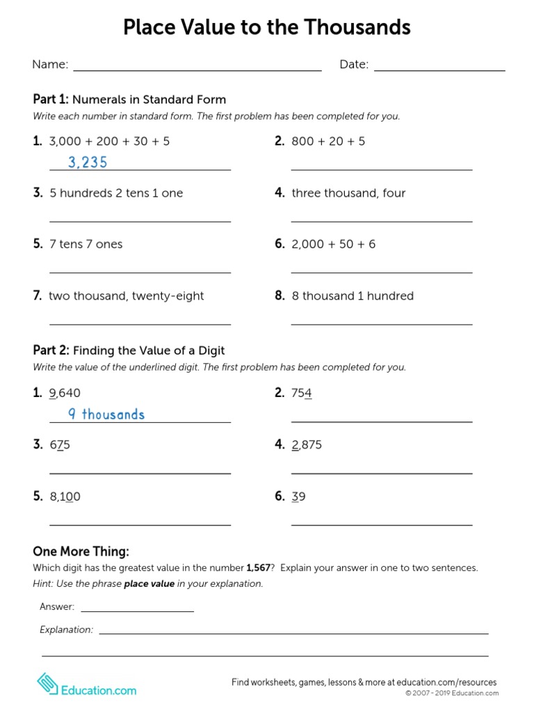 Place Value To The Thousands: Write Each Number in Standard Form. The ...