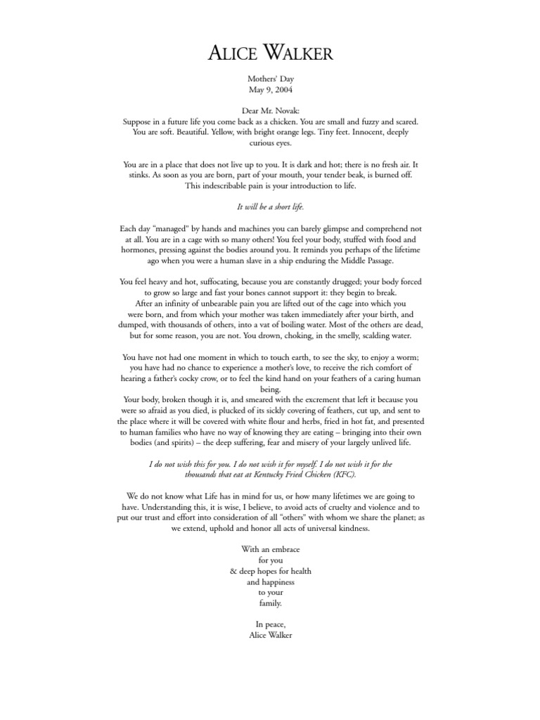 Alice Walker Letter / Poem To KFC | PDF