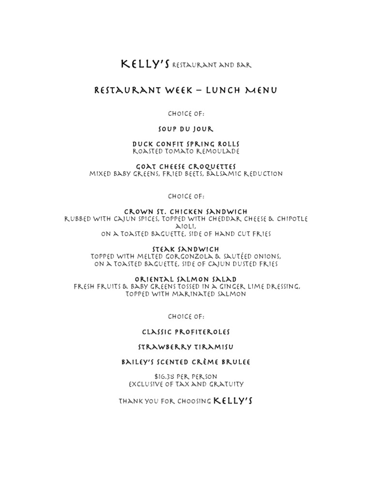 Kelly's Diner Restaurant Week Menu | PDF