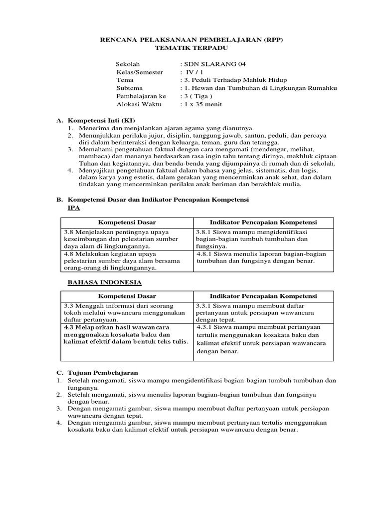RPP Kls 4 Tema 3 Sub 1 PB 3 Peerteaching | PDF | Karier & Perkembangan