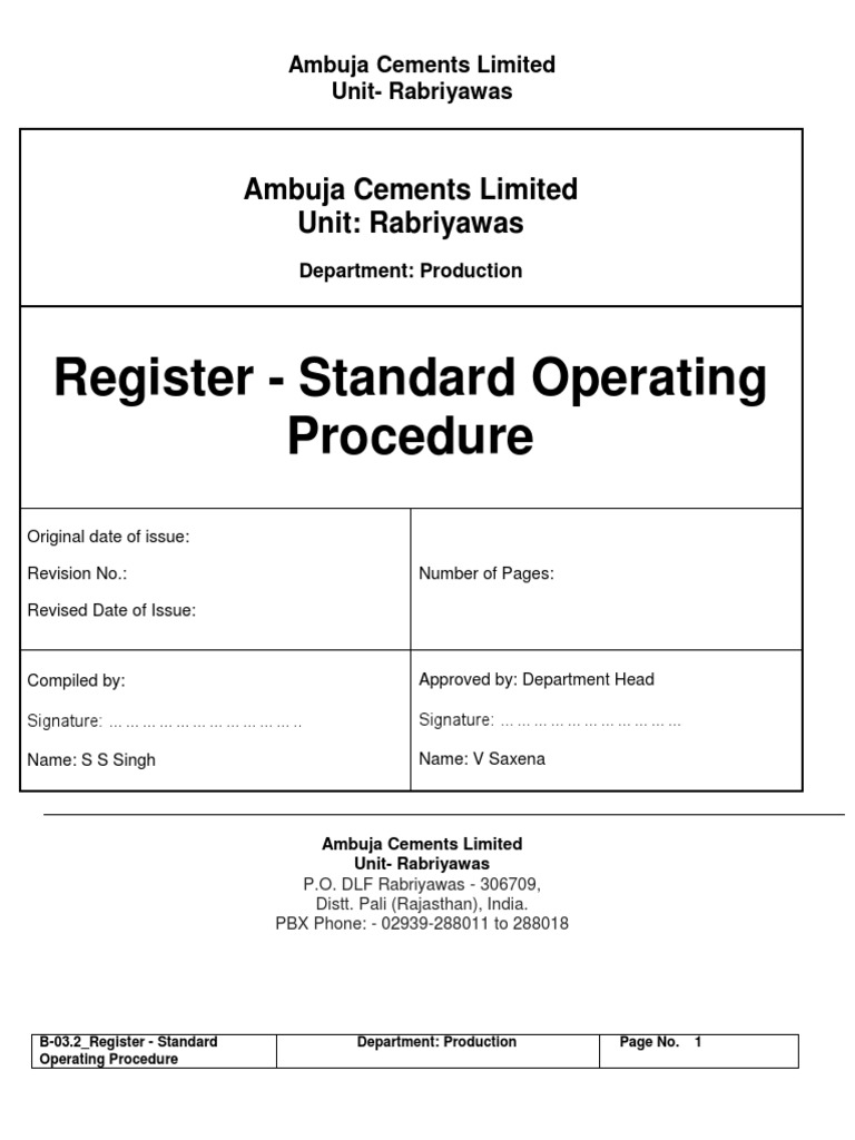 Register - Standard Operating Procedure: Ambuja Cements Limited Unit ...