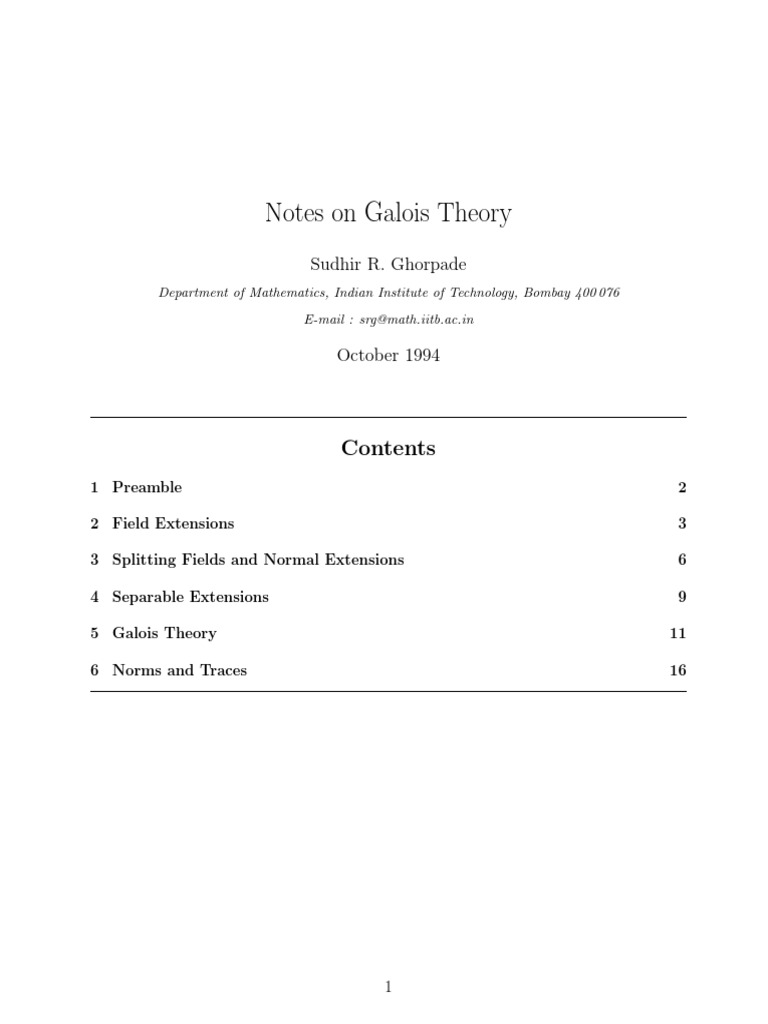 Notes On Galois Theory: Sudhir R. Ghorpade | PDF | Field (Mathematics ...