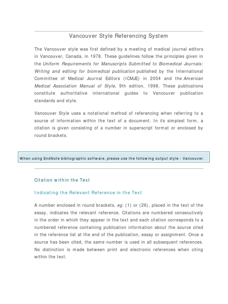 Vancouver Style Referencing System | PDF | Citation | Written Communication
