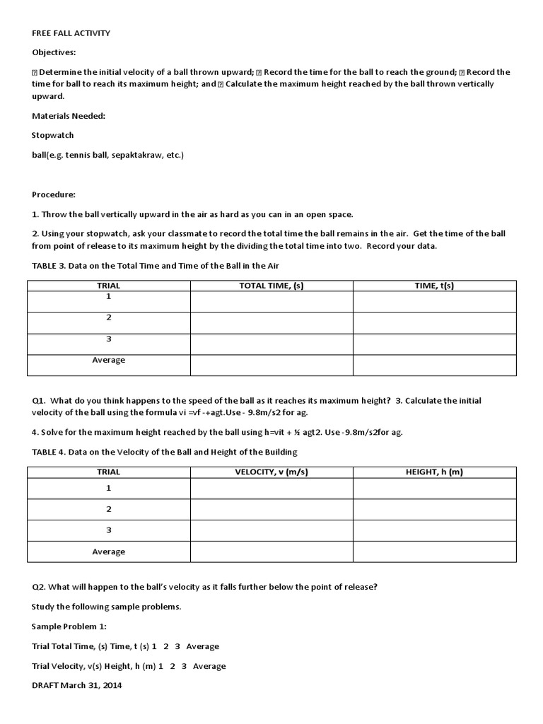 Free Fall ACTIVITY | PDF | Acceleration | Natural Philosophy