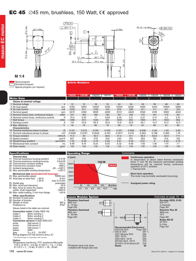 Maxon EC 45 Motor Specifications | PDF | Electric Motor | Electrical ...