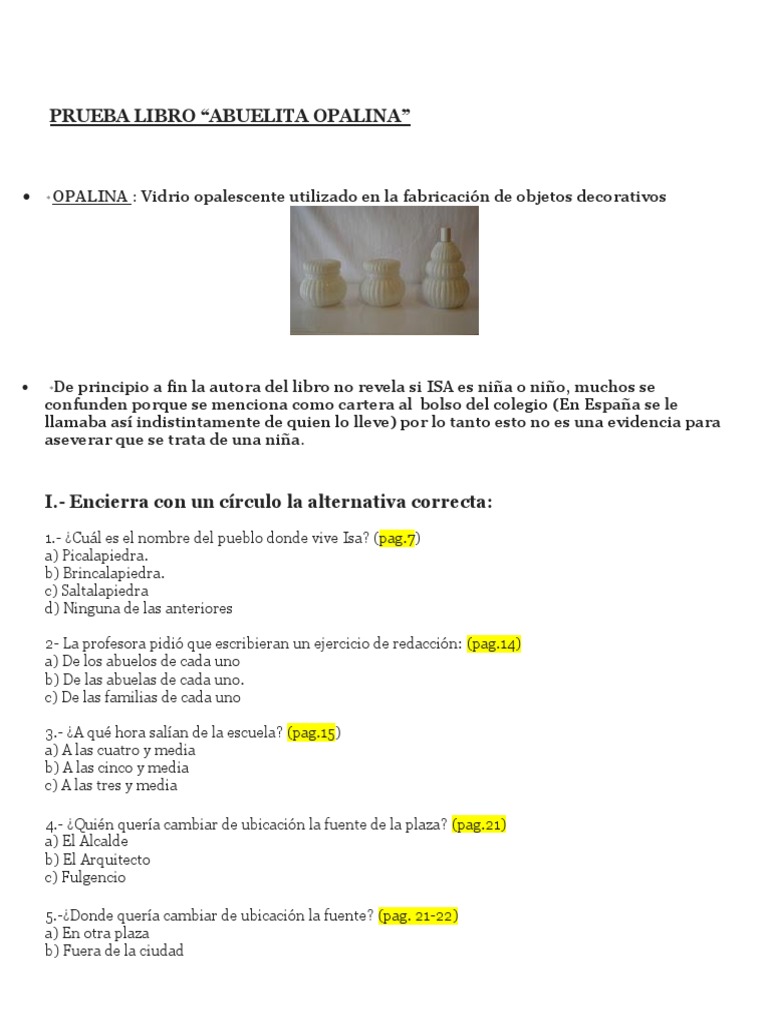 Resumen y preguntas sobre el libro 'Abuelita Opalina' | PDF