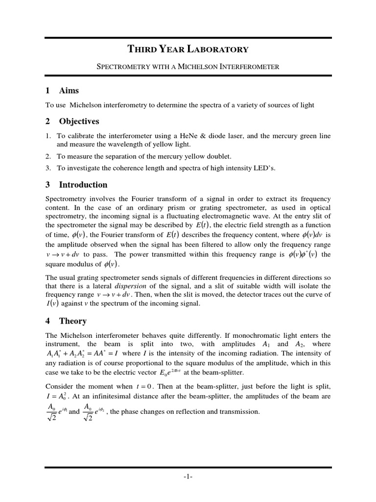 Michelson Interferometer Spectrometry | PDF | Interferometry ...