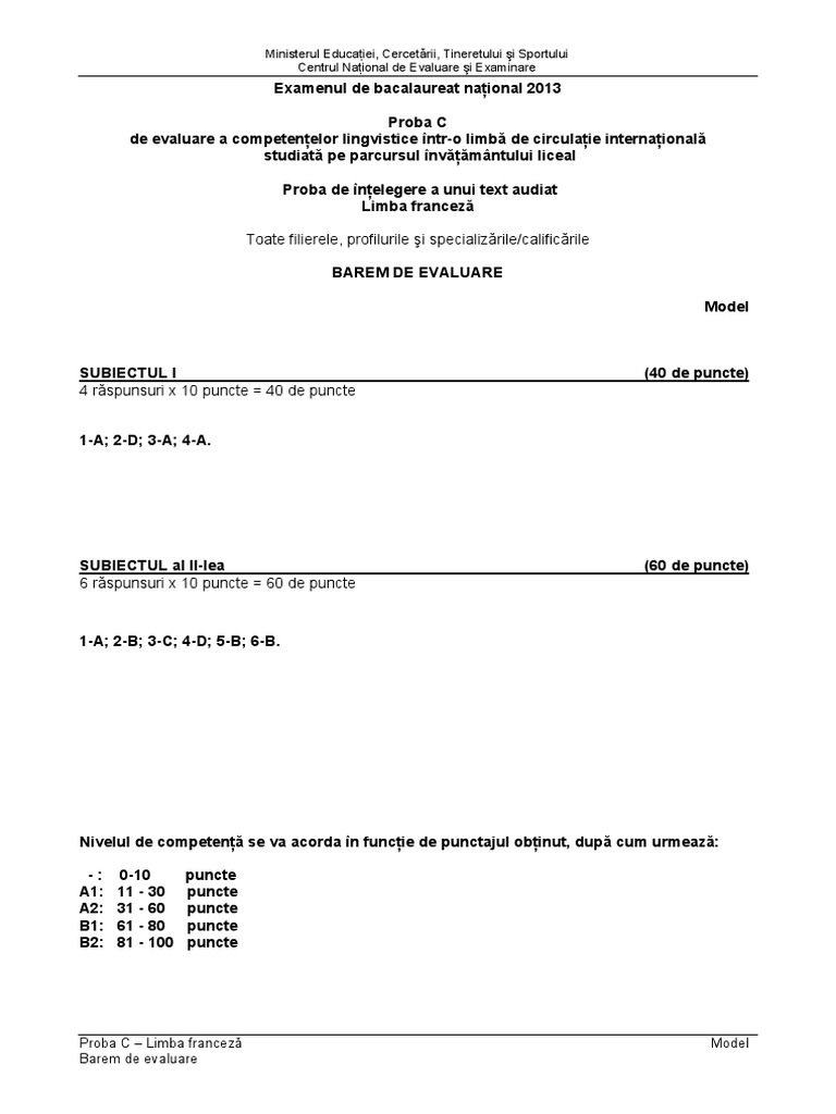 Modele de Subiecte Bacalaureat 2013 Proba C Audio Text Competente Lingvistice Limba Franceza ...