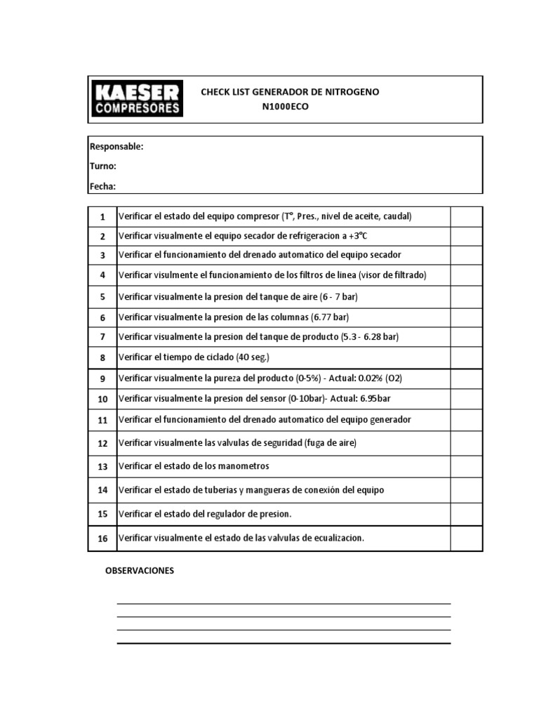 Check List Generador de Nitrógeno | PDF