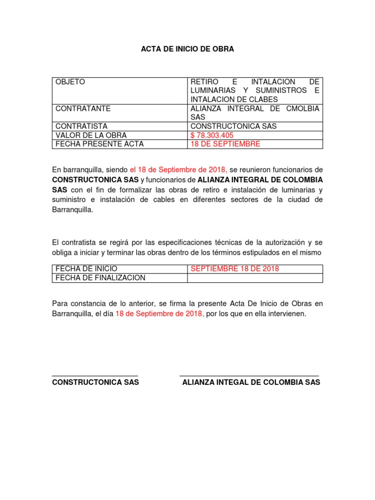 Acta de Inicio de Obra | PDF | Economias | Business