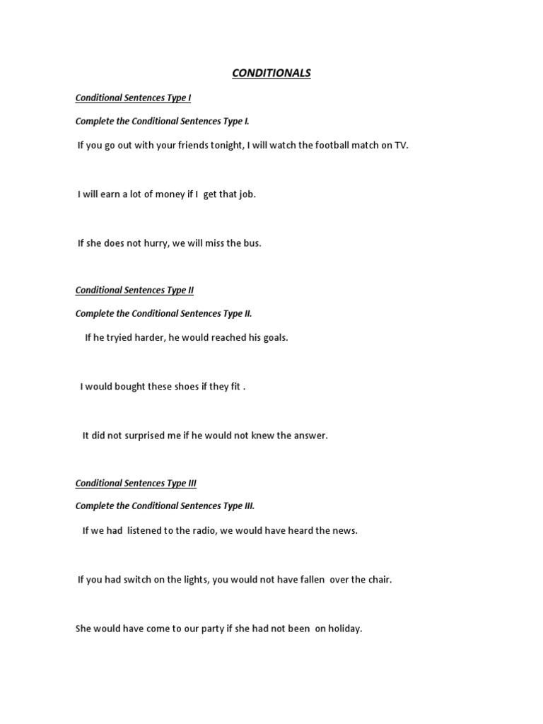 Conditionals: Conditional Sentences Type I Complete The Conditional Sentences Type I | PDF