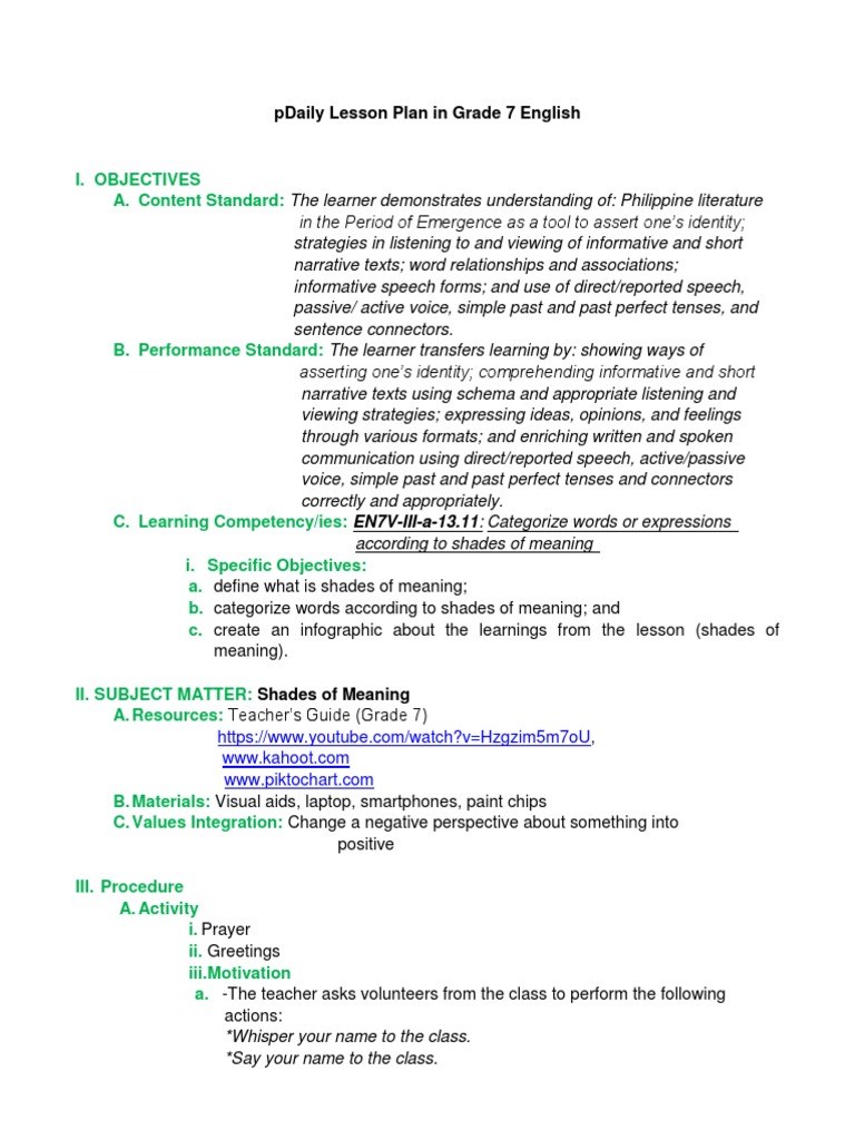 Daily Lesson Plan in Grade 9 English 2 | PDF | Lesson Plan | English ...