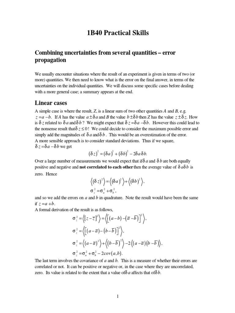 1B40 Practical Skills: Combining Uncertainties From Several Quantities - Error Propagation | PDF ...