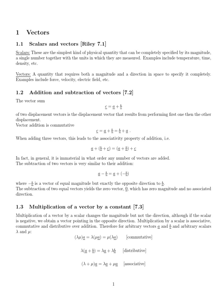 1 Vectors: 1.1 Scalars and Vectors (Riley 7.1) | PDF | Coordinate System | Euclidean Vector
