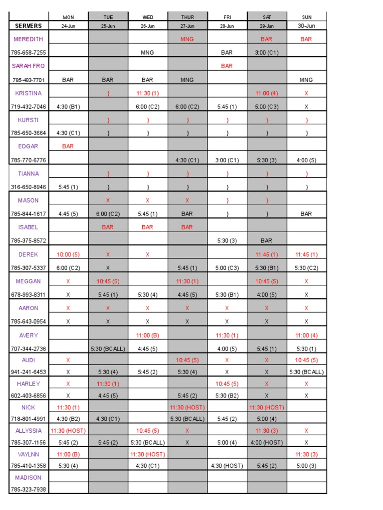 Weekly Server Schedule Overview | PDF