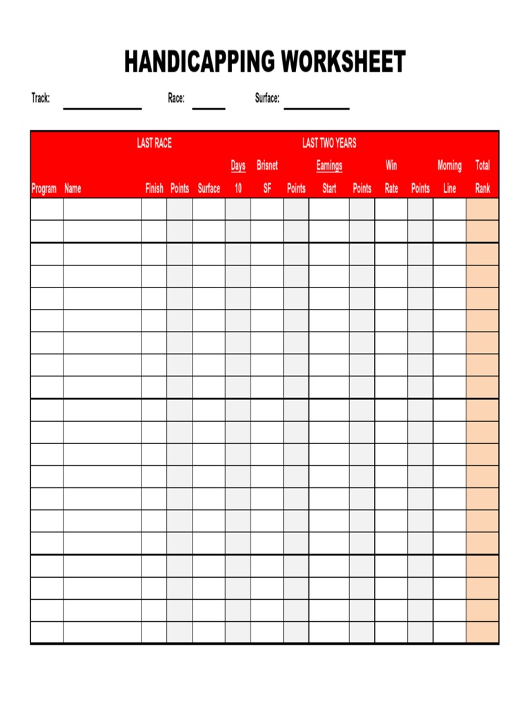 Handicapping Worksheet: Track: Race: Surface | PDF
