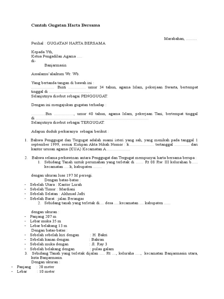 Contoh Gugatan Harta Bersama | PDF