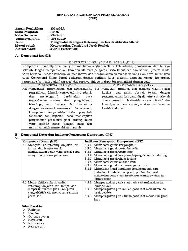 RPP PJOK Kelas XI: Lari Pendek | PDF