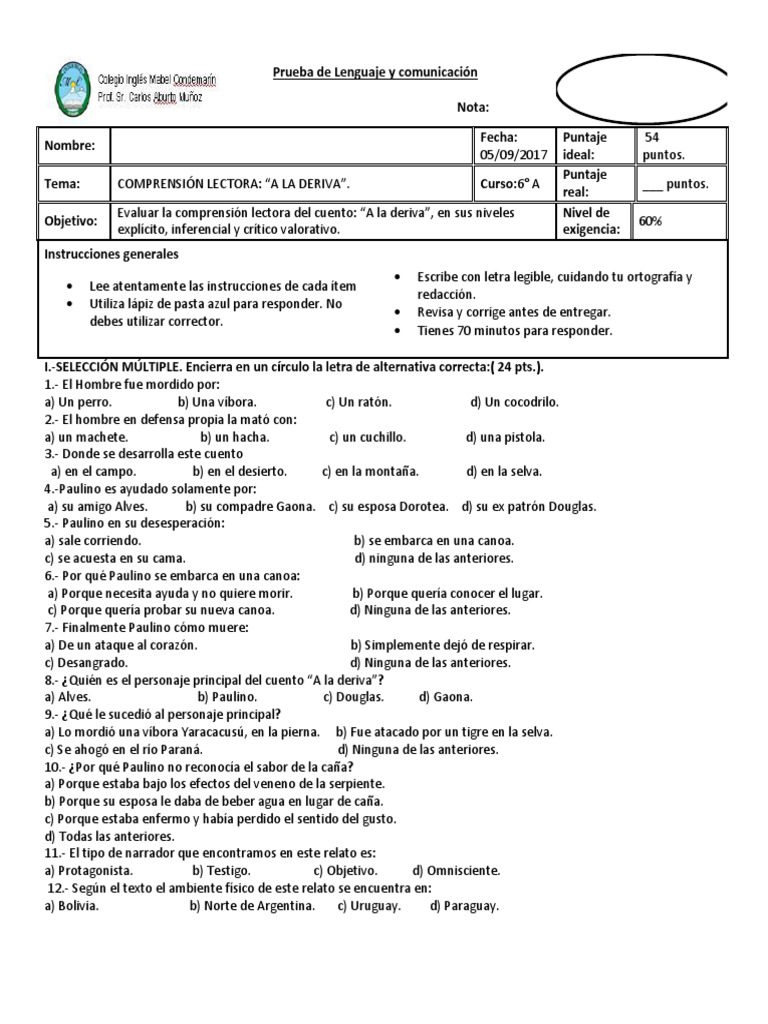 Comprensión lectora del cuento "A la deriva | PDF | Narración