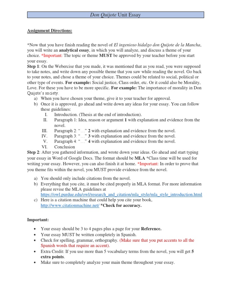Don Quijote Unit Summative Assessment | PDF | Essays | Novels