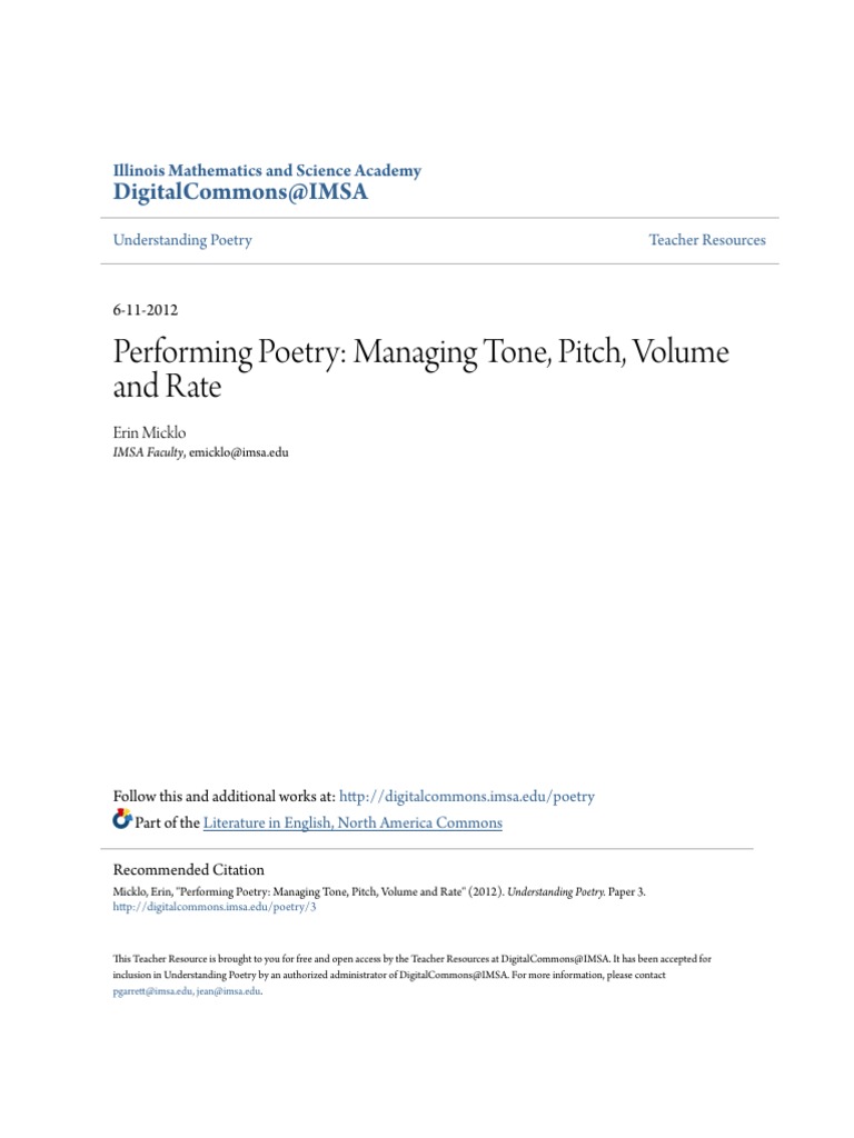 Performing Poetry - Managing Tone Pitch Volume and Rate | PDF | Pitch ...